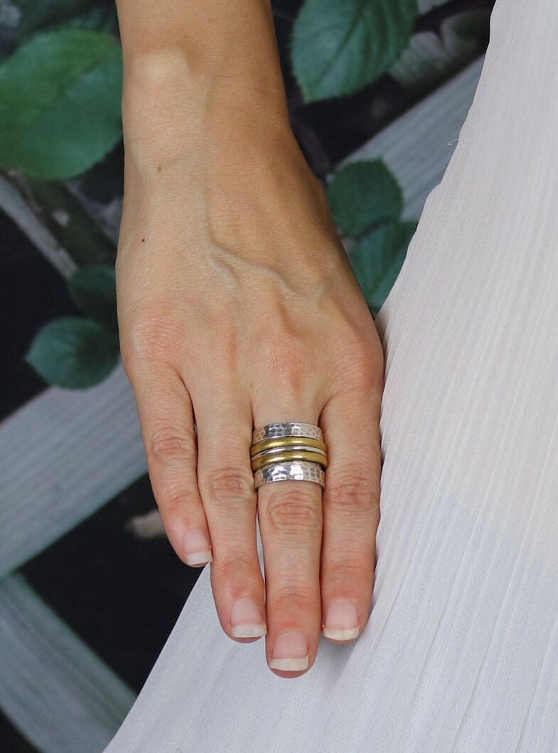 Sterling Silver Hammered Spinner Band Ring with Copper Accent | Etsy