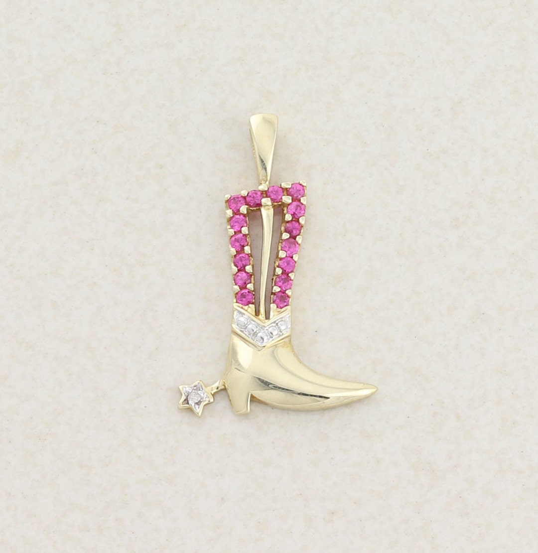 10k Gold Cowboy Boot Pendant With Lab Ruby & Diamond 1" X 3/4" - Etsy