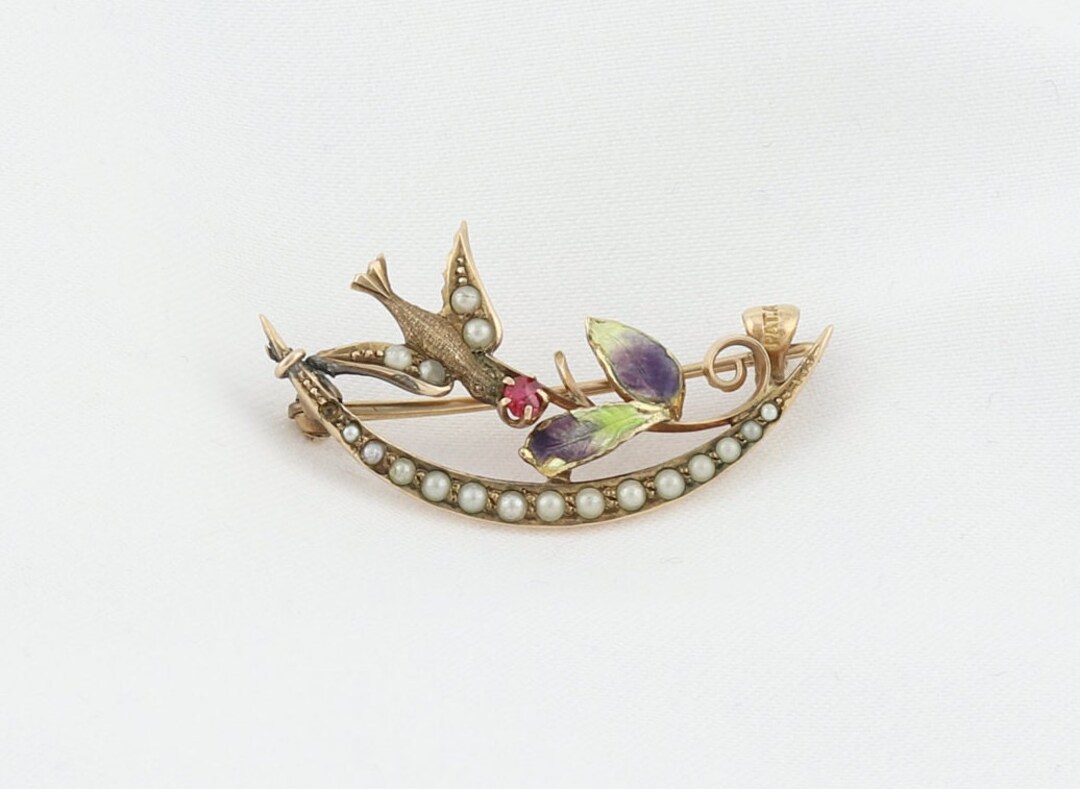 10k Yellow Gold Bird Leaf Crescent Moon Seed Pearl Pin Brooch - Etsy