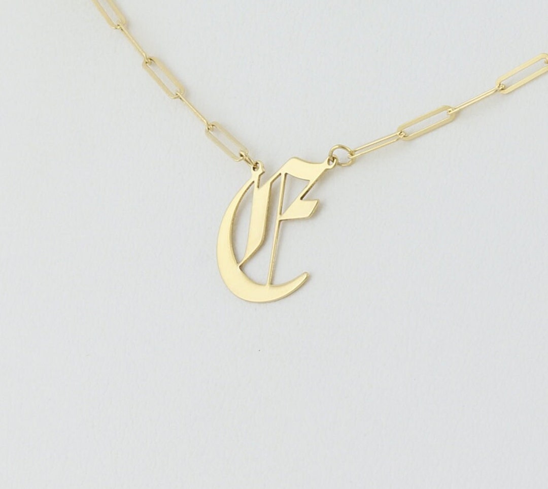 14k Yellow Gold Letter E Gothic Cursive E Necklace 18" Chain - Etsy
