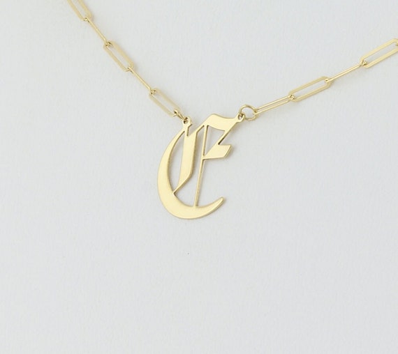 14k Yellow Gold Letter E Gothic Cursive E Necklace 18… - Gem