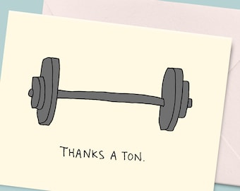 Thank You Card Cute Thanks A Ton Barbell Thank You Card | Etsy