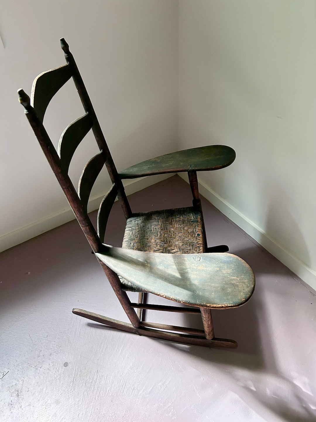 Ladder Back Rocking Chair, Original Dark Green Painted, Paddle Arm ...