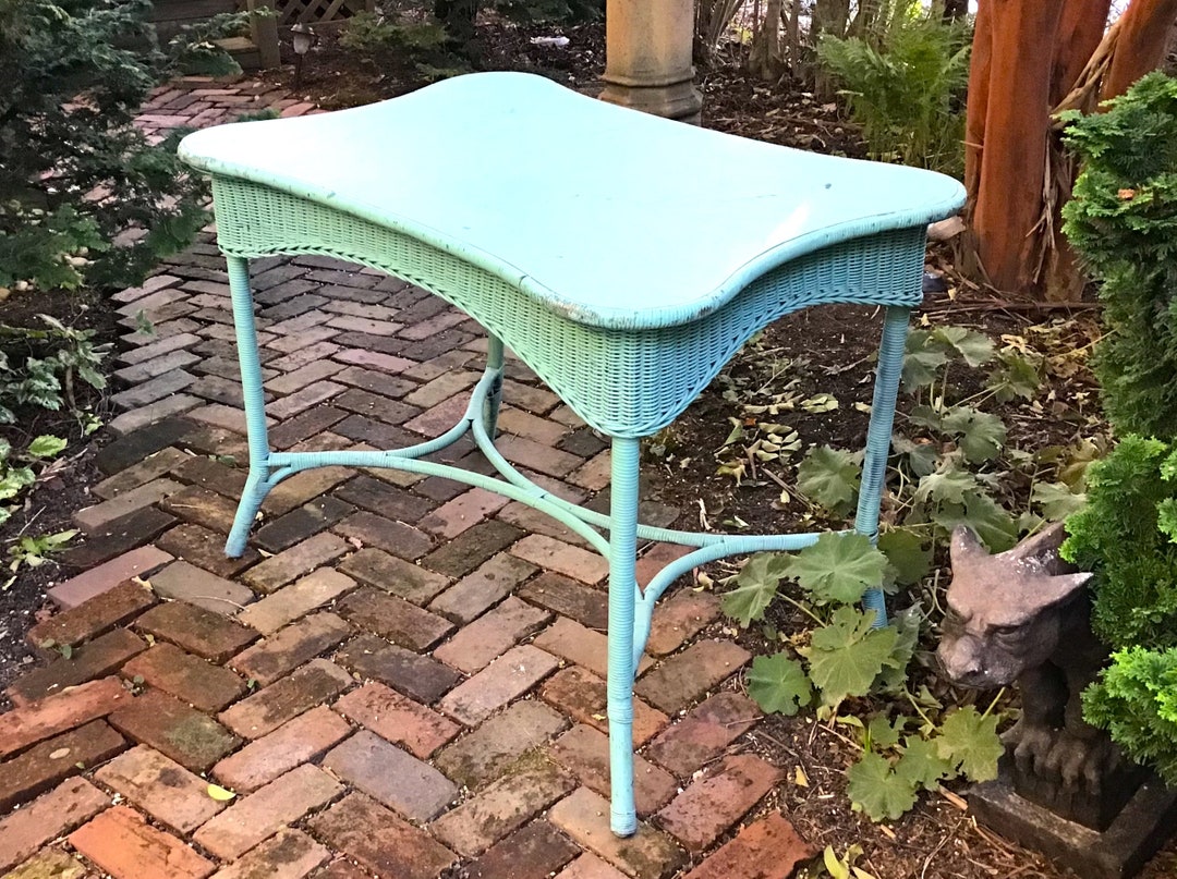 Wicker Table 1900's Shabby Chic Green Distressed Wicker Porch Table - Etsy