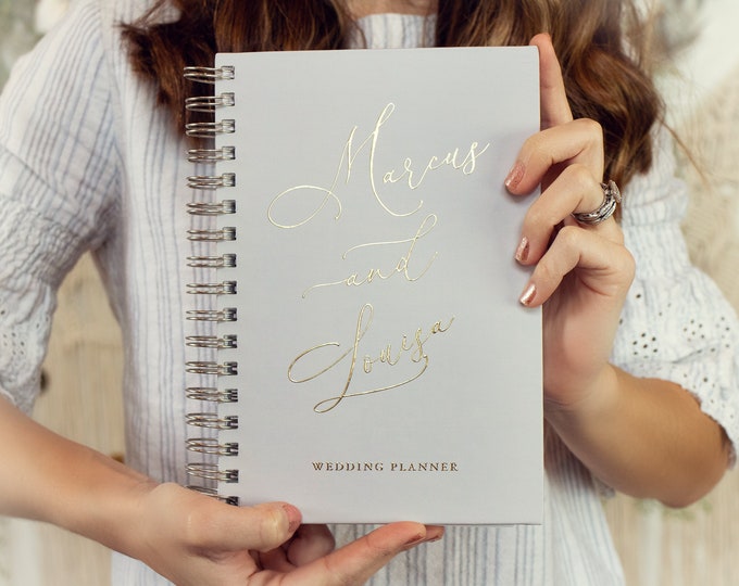 Grey Wedding Planner Book, Real Gold Foil, Custom Wedding Planner Book ...