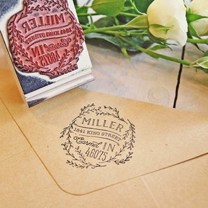 Rustic Return Address Stamp Floral Wreath Stamp Circular Rubber Stamp ...