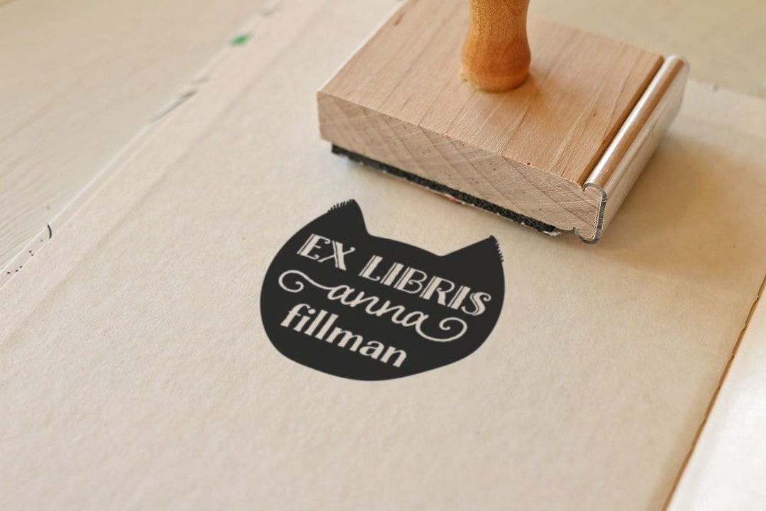 Cat Library Stamp, Custom Self Inking Ex Libris Stamp, Book Plate Stamp ...