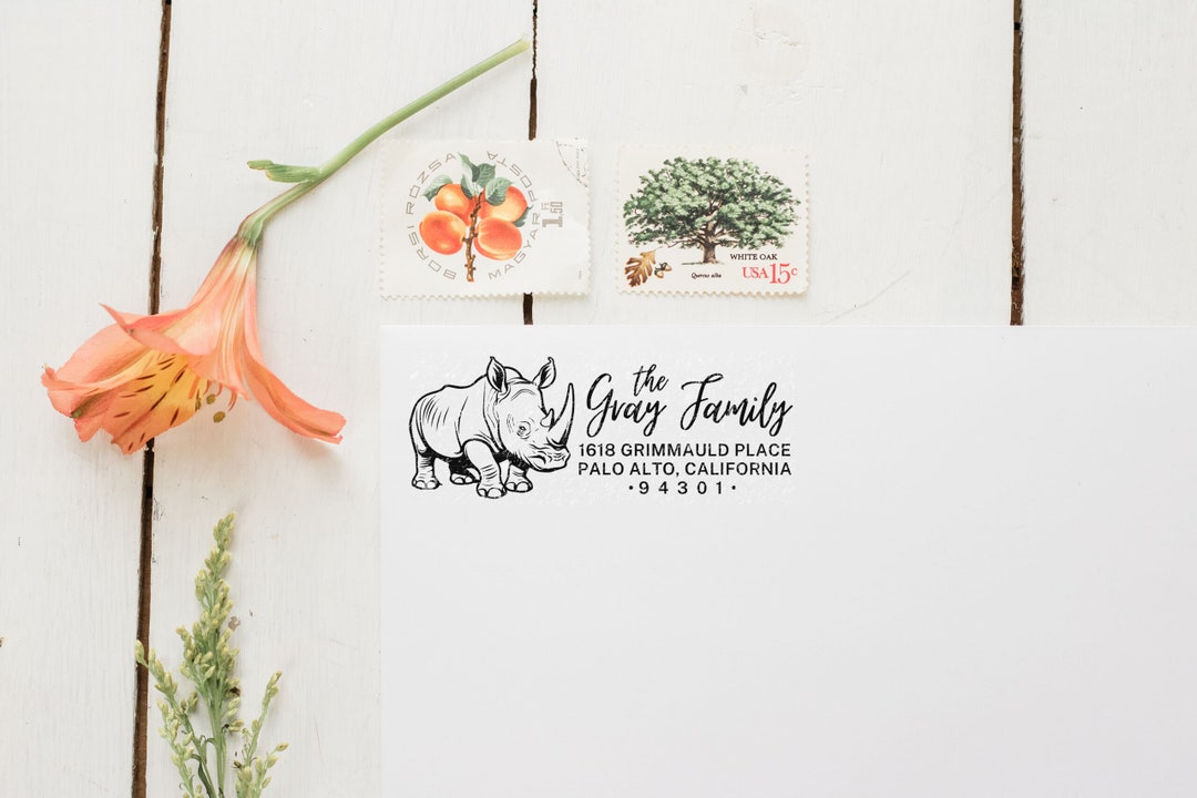 Customized Rhino Return Address Stamp, Signature Family Home, Safari ...