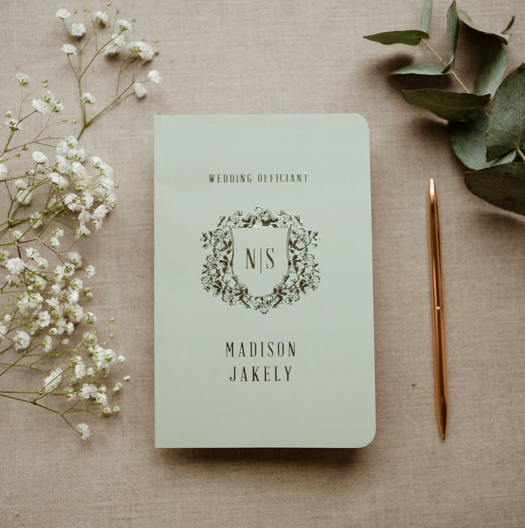 Green Wedding Officiant Book, Personalized Ceremony Book, Crest ...