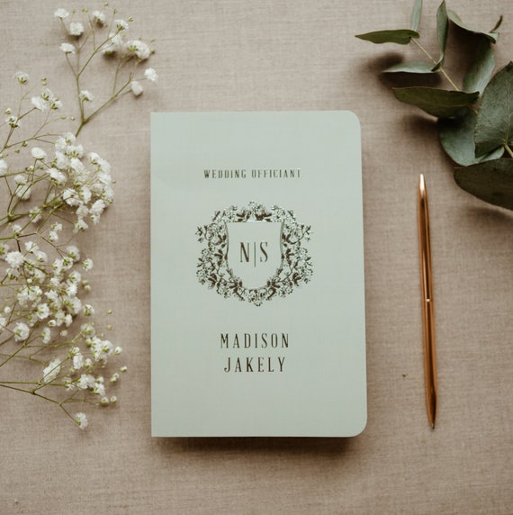 Green Wedding Officiant Book, Personalized Ceremony Book, Crest ...