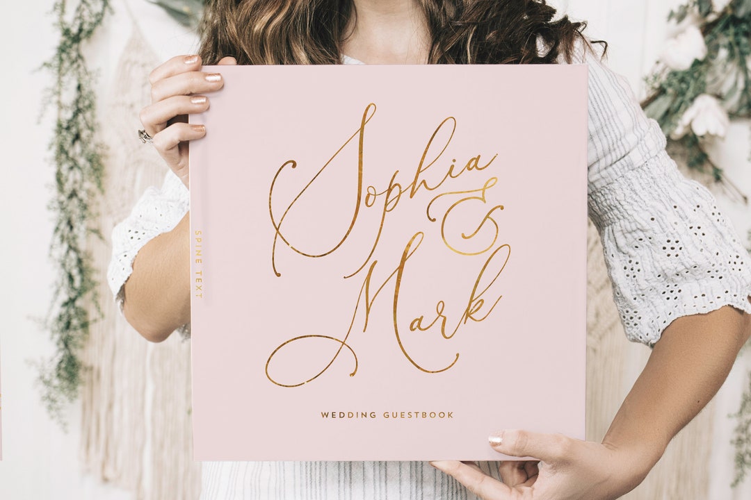 Pink and Gold Wedding Guest Book, Real Gold Foil Horizontal Wedding ...