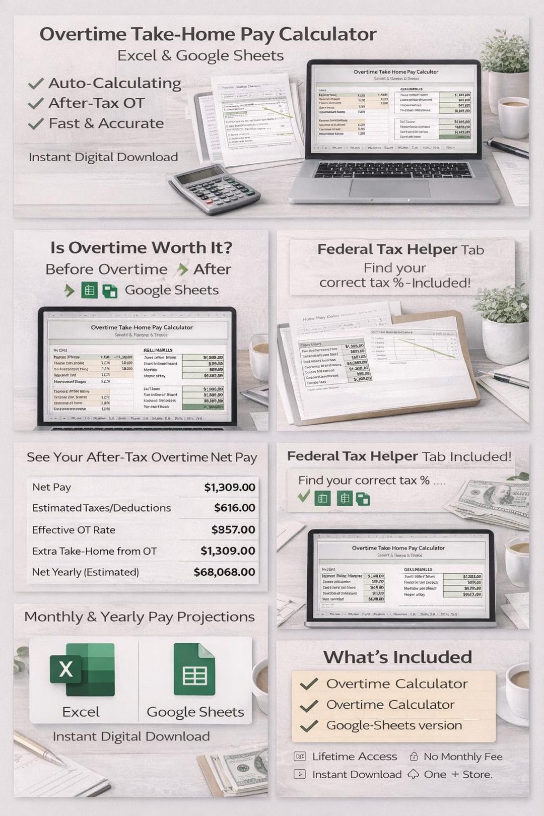 Overtime Pay Calculator Spreadsheet for Excel & Google Sheets - Etsy