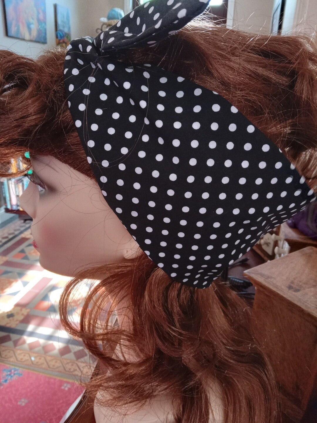 1950s Retro Rockabilly Headscarf Handmade Black/white Polka Dot Print ...