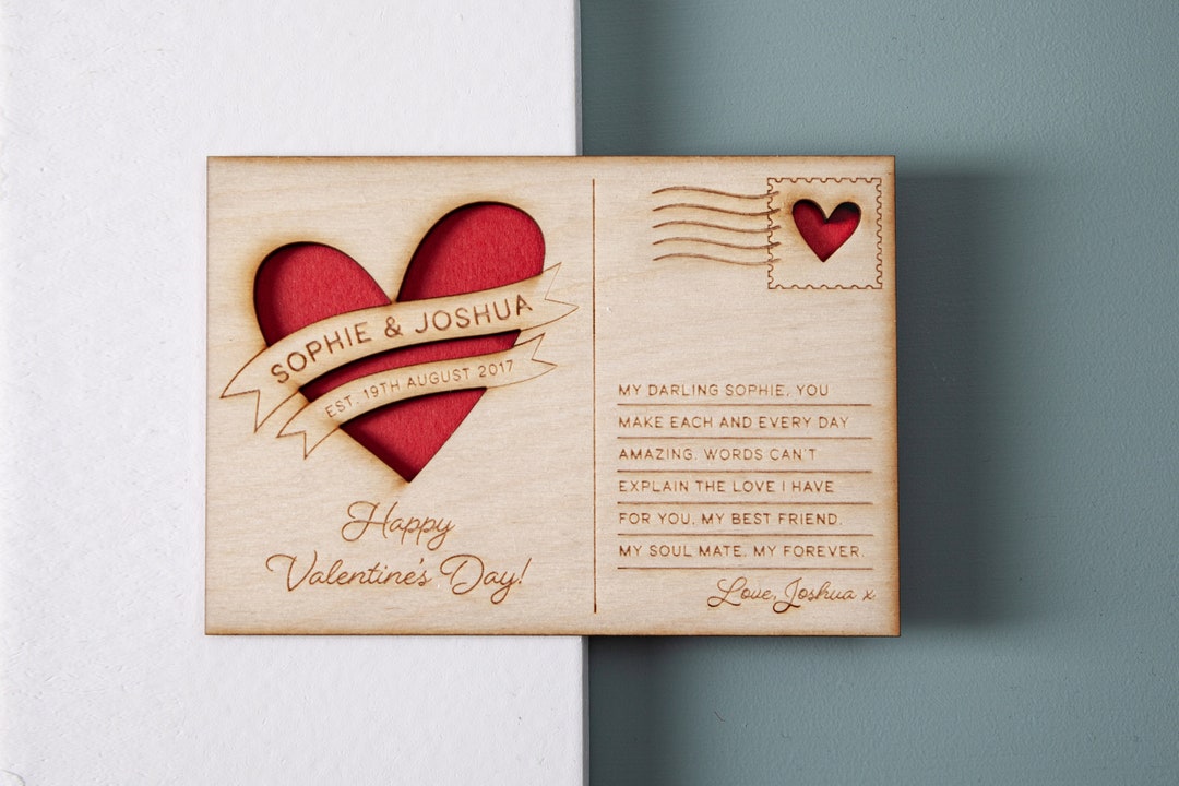 Engraved Cut Out Heart Postcard | Couples Valentine's Day Wooden Love ...
