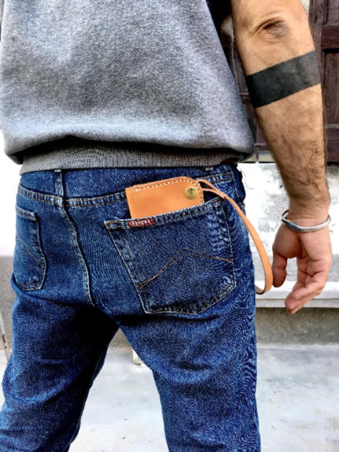 Leather Wallet, With Snap Buttons, With Strap and Forged Bronze ...