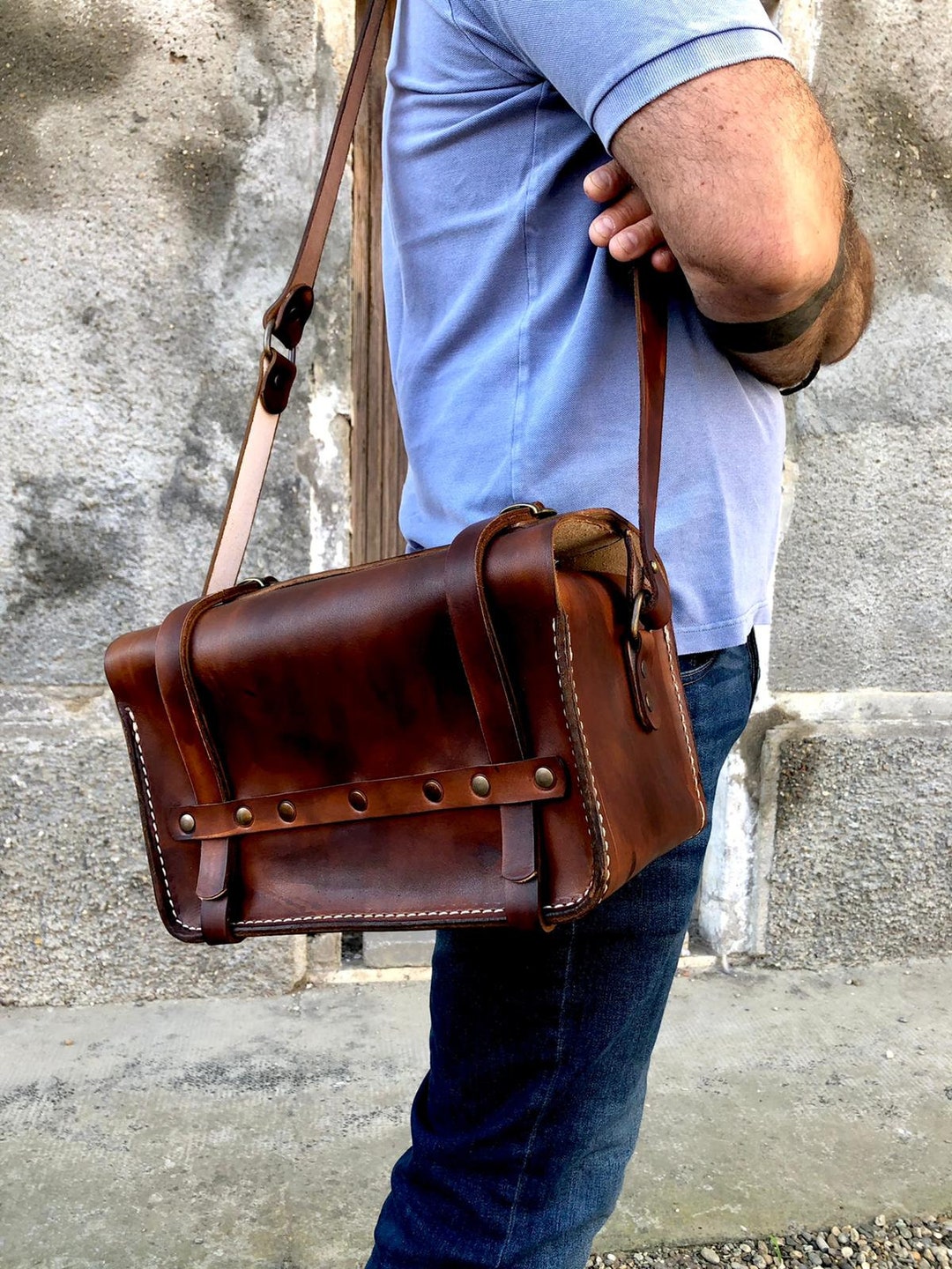 Top Case Bag, in Leather, With Brass Buckles, Brass Carabiner and Strap ...
