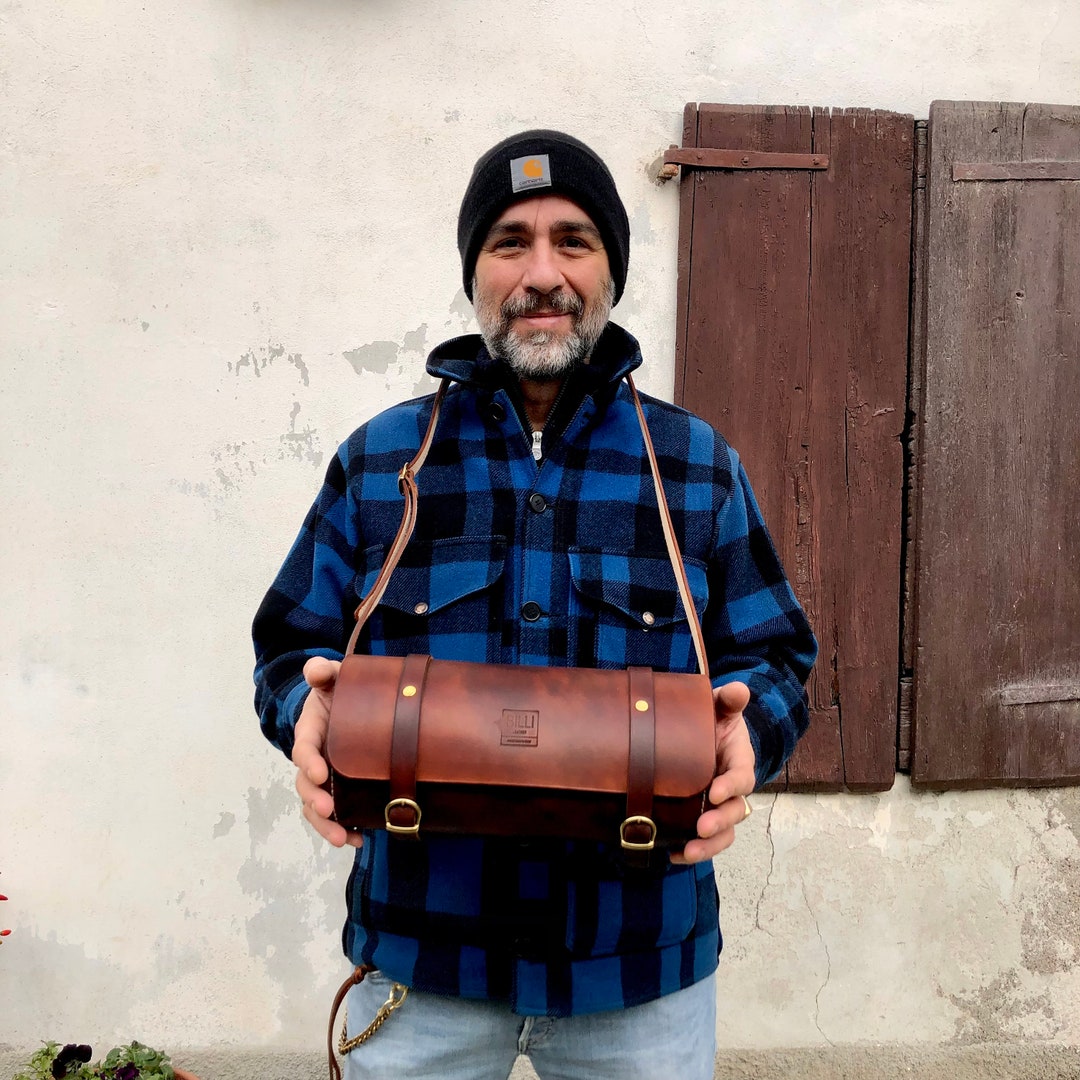 Cylindrical Bag in Leather, With Brass Buckles for Everyday Use ...