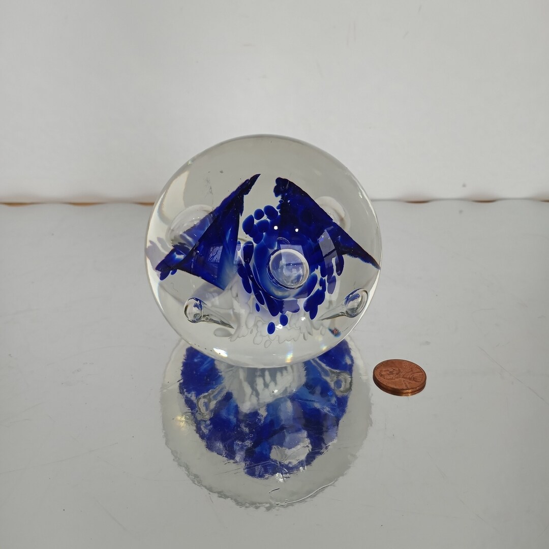 Signed & Marked Joe Zimmerman Large Paperweight With Three Cobalt Blue ...