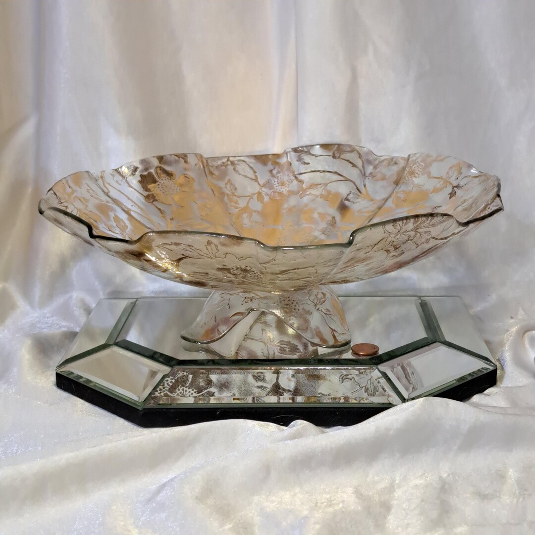 1960s, 22K Gold Cherry Blossom Slump Dish Perched on a Three Leafed ...