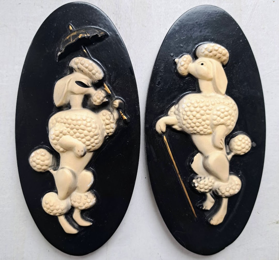 VINTAGE Chalkware Poodle Oval Plaque Pair Wall Decor Black and White ...