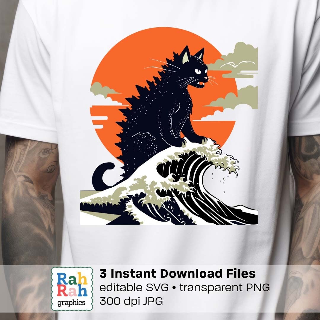 Catzilla in the Great Wave off Kanagawa by Hokusai Parody SVG for Shirt ...