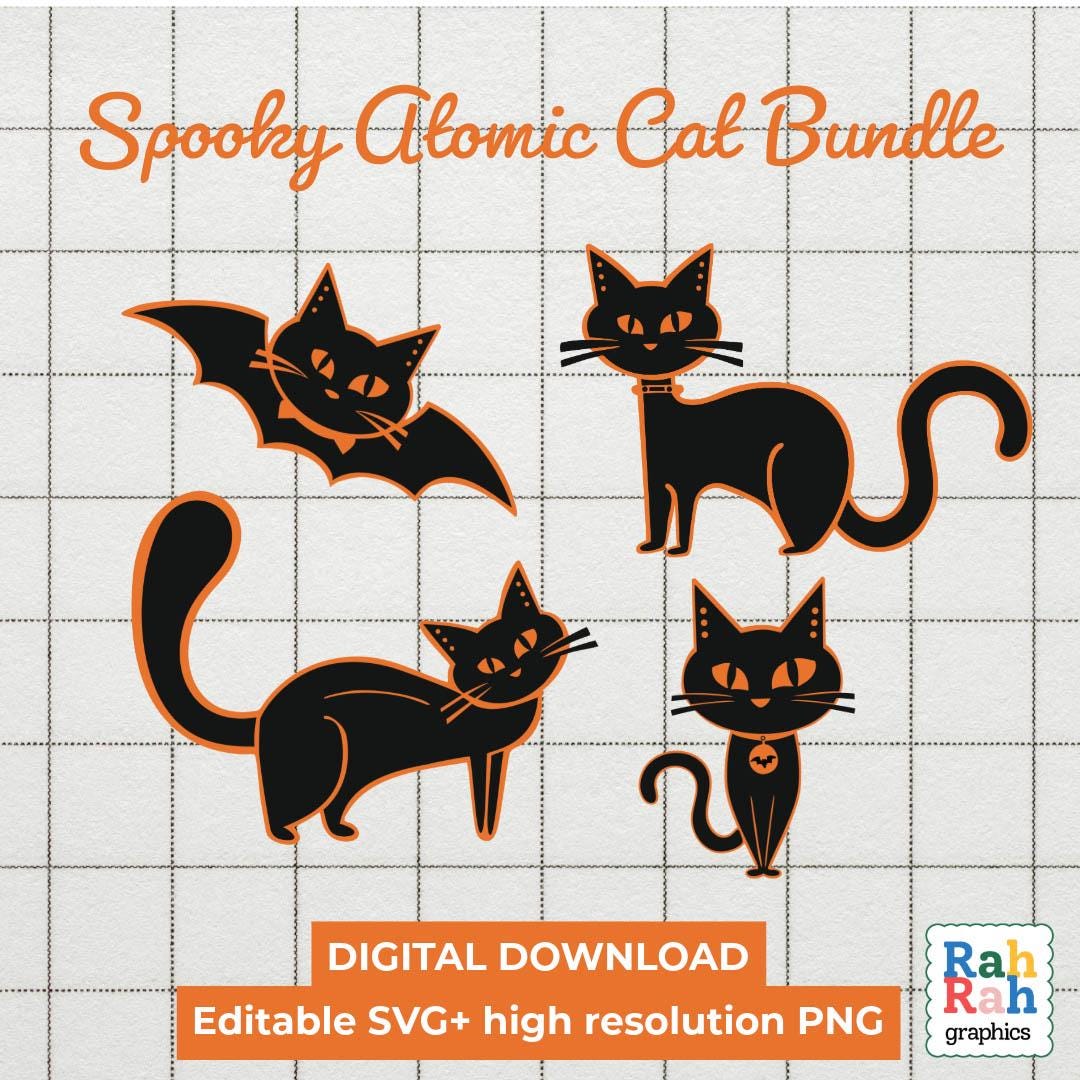Atomic Cat Retro Halloween SVG PNG Clipart Bundle, Mid Century Modern ...