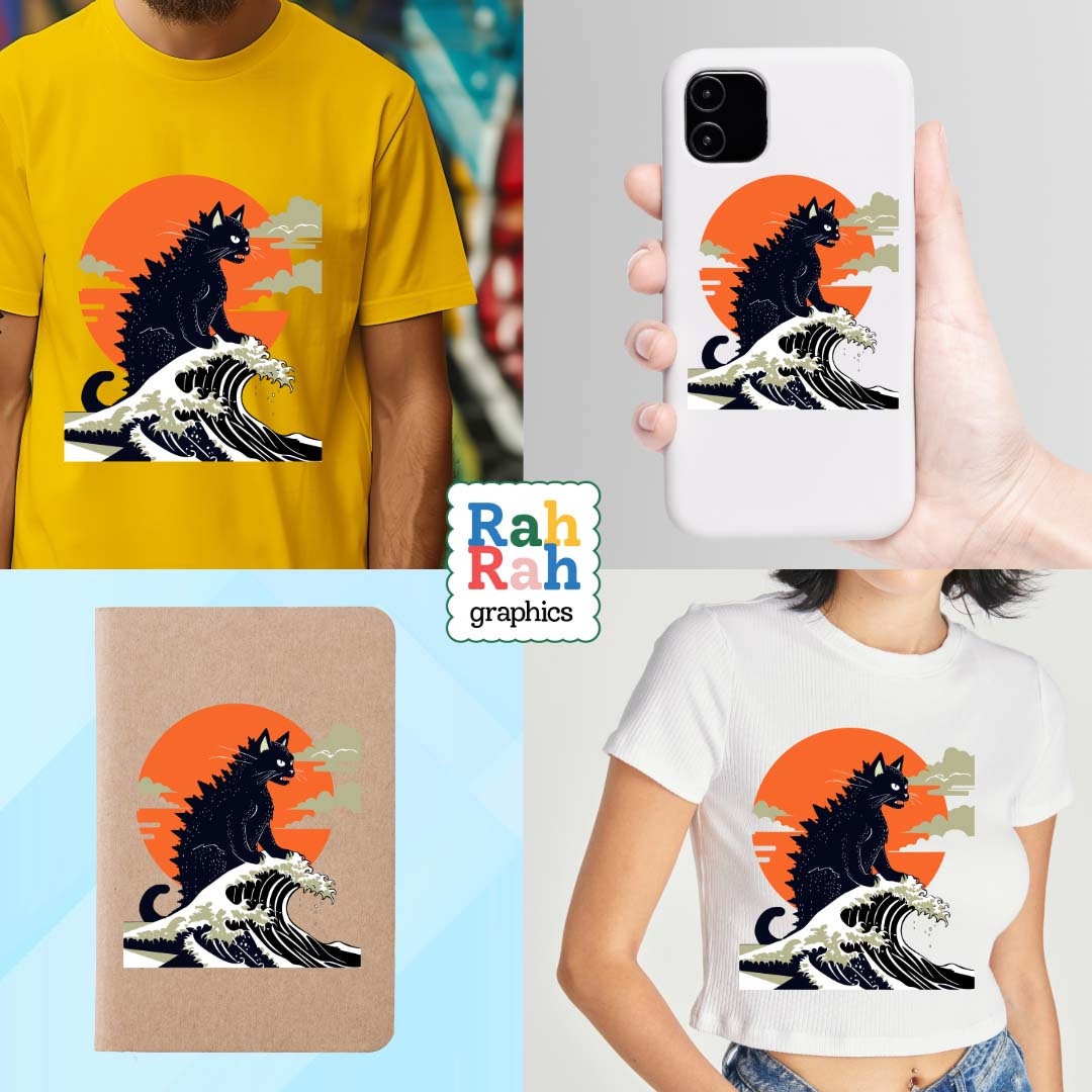 Catzilla in the Great Wave off Kanagawa by Hokusai Parody SVG for Shirt ...