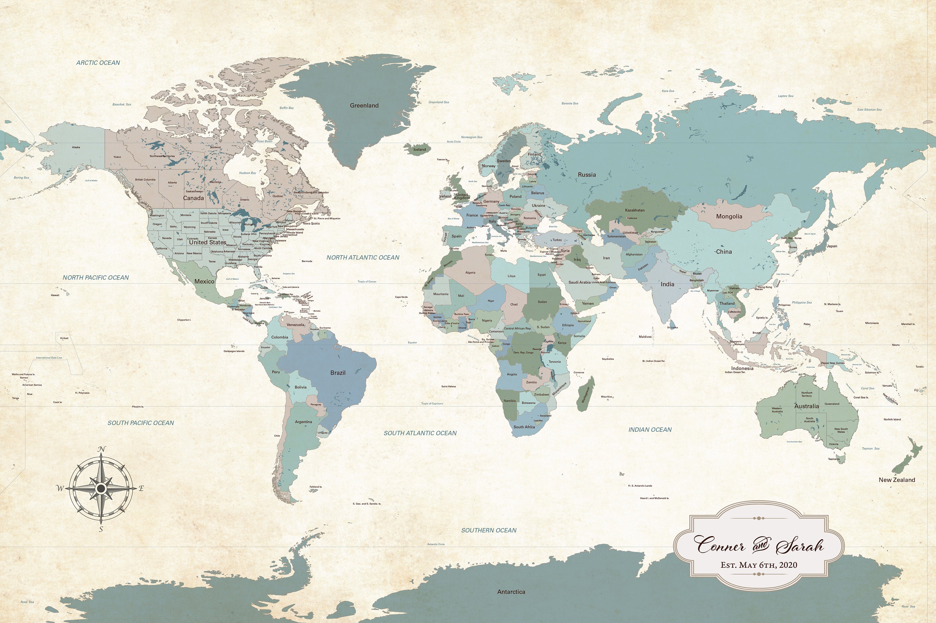 Personalized Fine Art Paper World Map - Unique Blue Green Wall Art ...