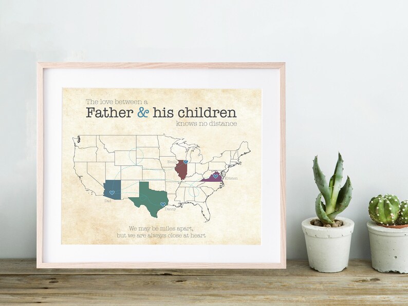 Custom Family Long Distance Map Art – Father & Children Gift - Etsy