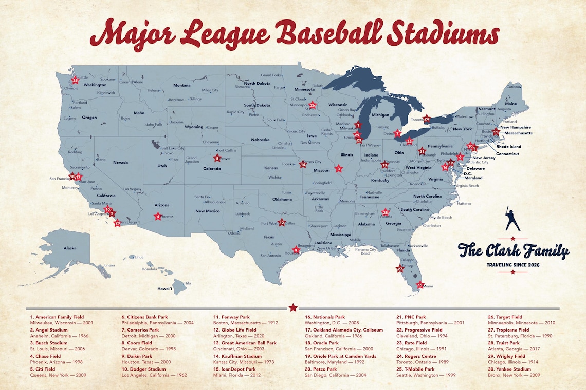 MLB Stadium Map Poster: Baseball Fan Travel Tracker With Pins - Etsy
