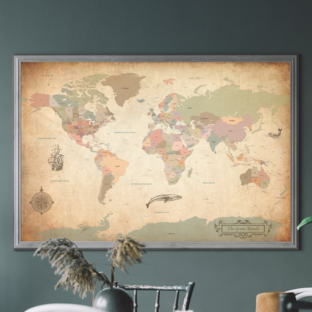 Retro World Map Poster, Vintage Style Map - Gifts for Boyfriend Husband ...