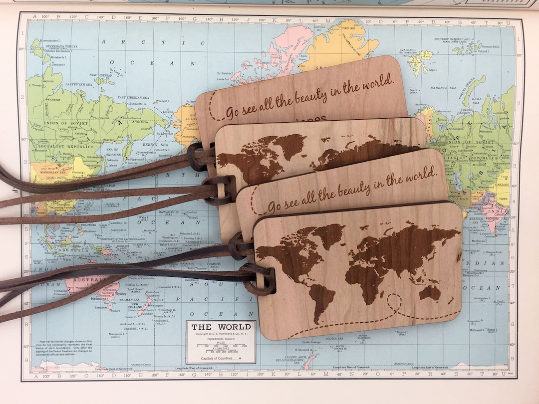 Custom Wood World Map Luggage Tag: Personalized Travel Gift - Etsy
