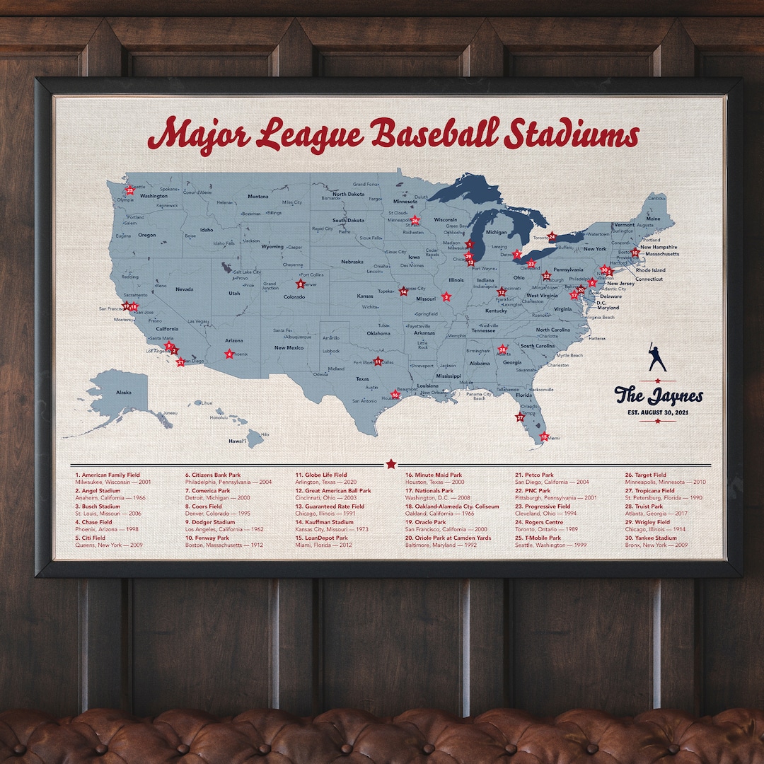 MLB Stadium Map Poster - Baseball Sports Fan, USA Travel Map With Pins ...