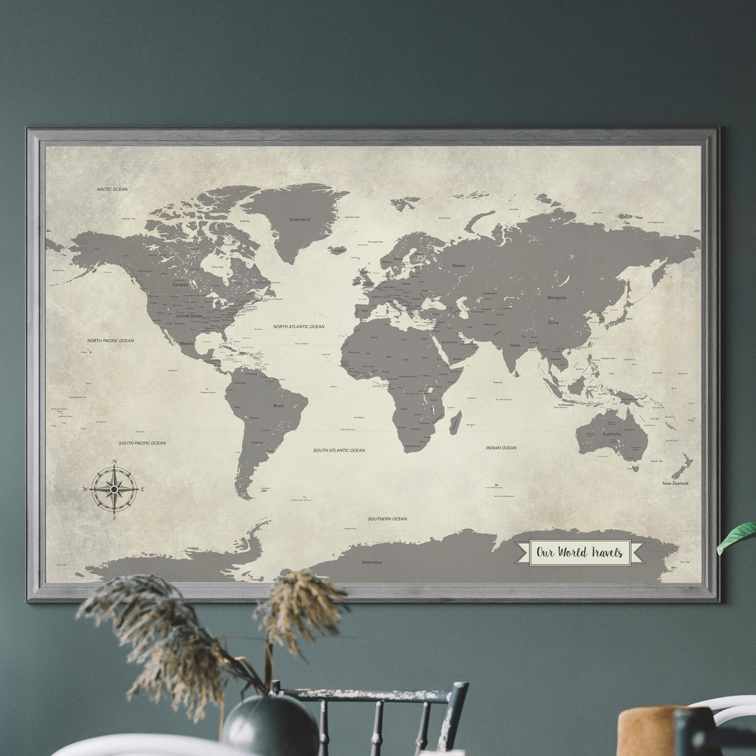 Gray World Map Poster With Map Pins - Travel Paper 1st Anniversary ...