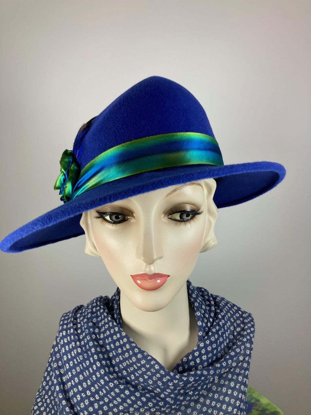 Womens Winter Medium Brim Felt Hat. Royal Blue Wool Hat. Downton Abbey ...