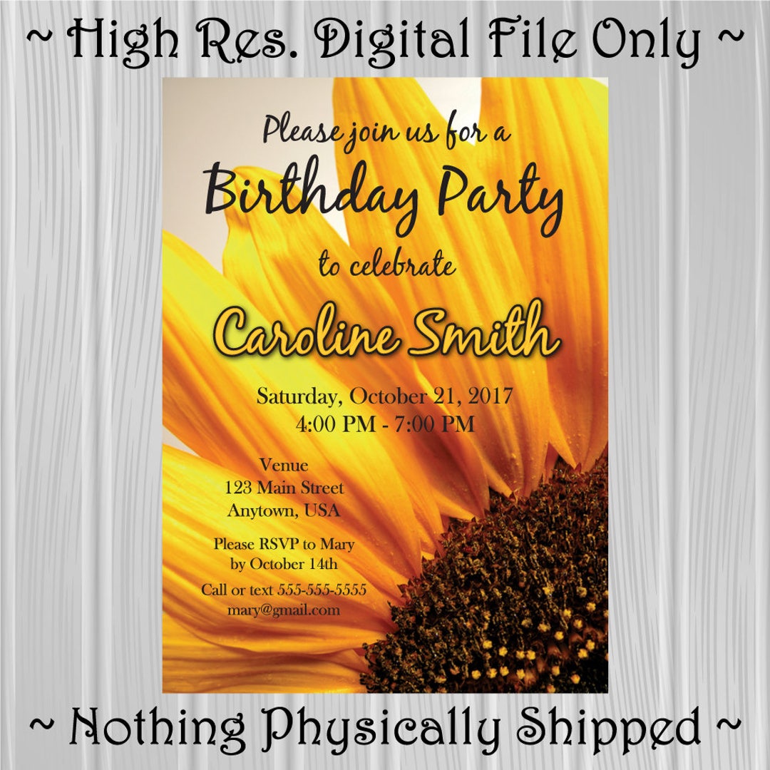 Adult Birthday Party Invitation | Sunflower Photo Background | Custom ...