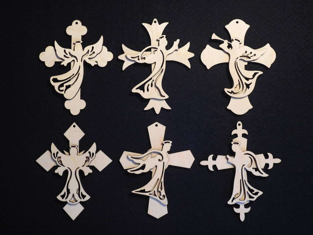 Angels on Crosses Overlay Ornaments - Set of 6 - Basswood - Laser Cut ...