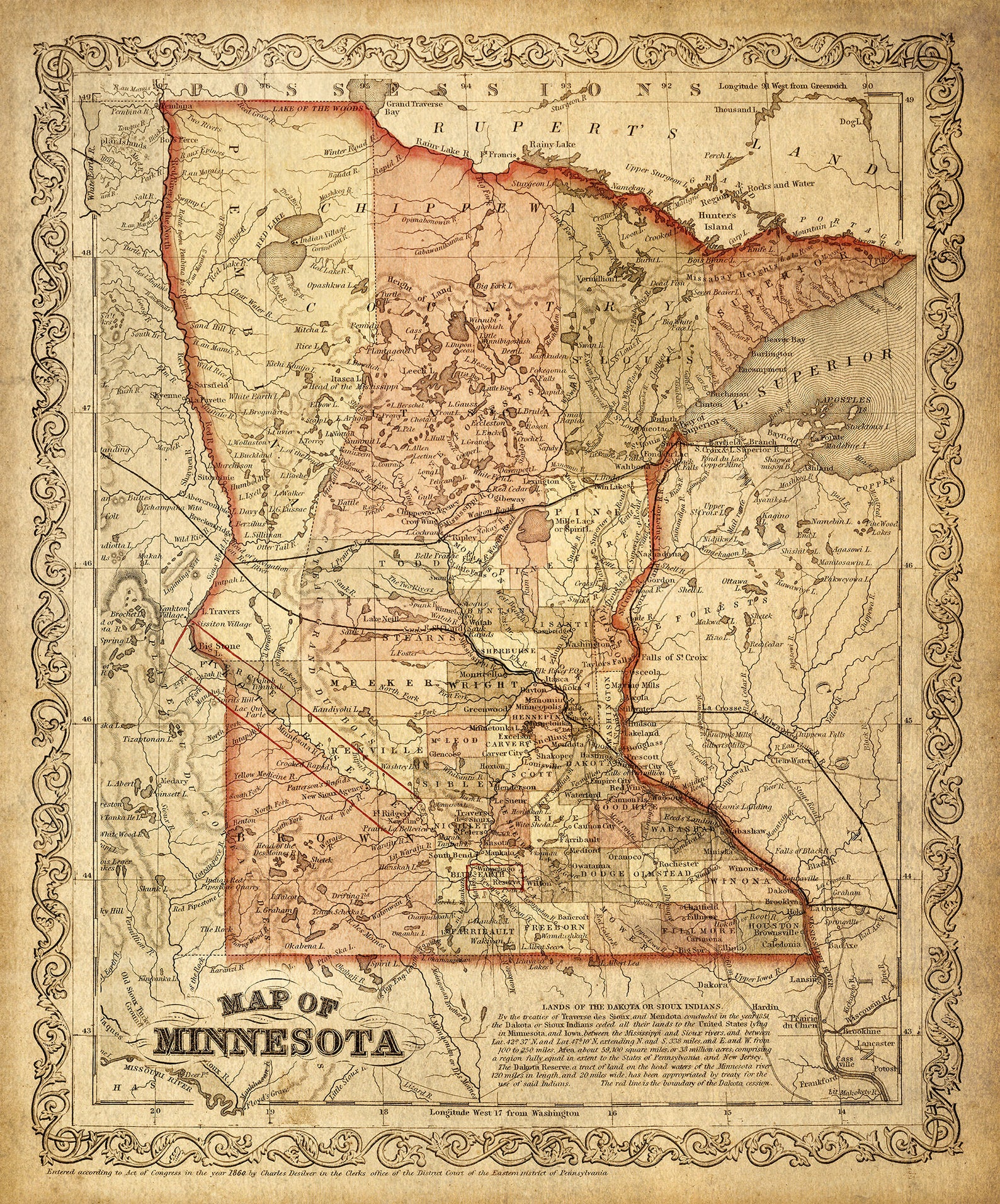 Map of Minnesota 1860 Map of MN Vintage Maps Restoration Style Map ...
