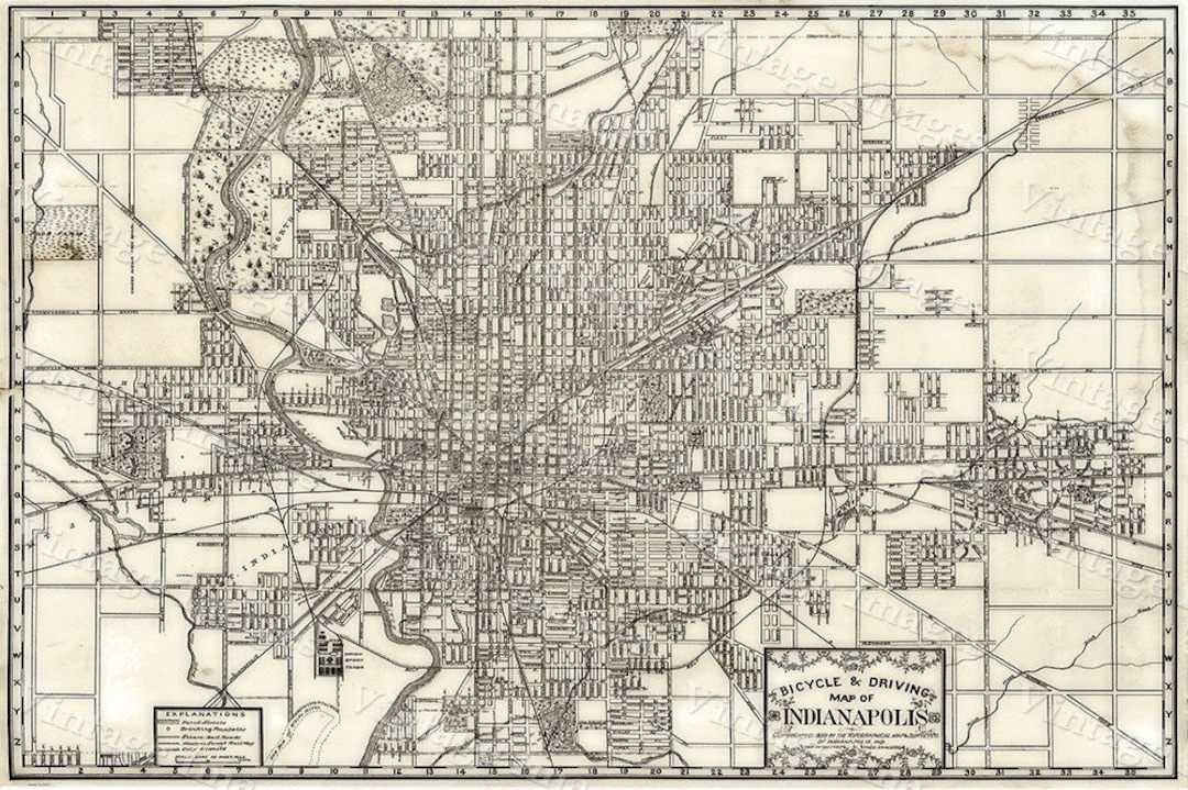 Indianapolis Bicycle Map Large 1899 Vintage Historic Indianapolis Map ...