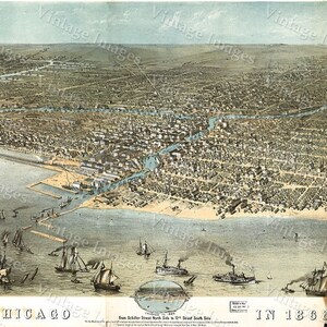 Vintage Map Chicago, Illinois 1868 Antique Chacigo Birdseye View Giant ...