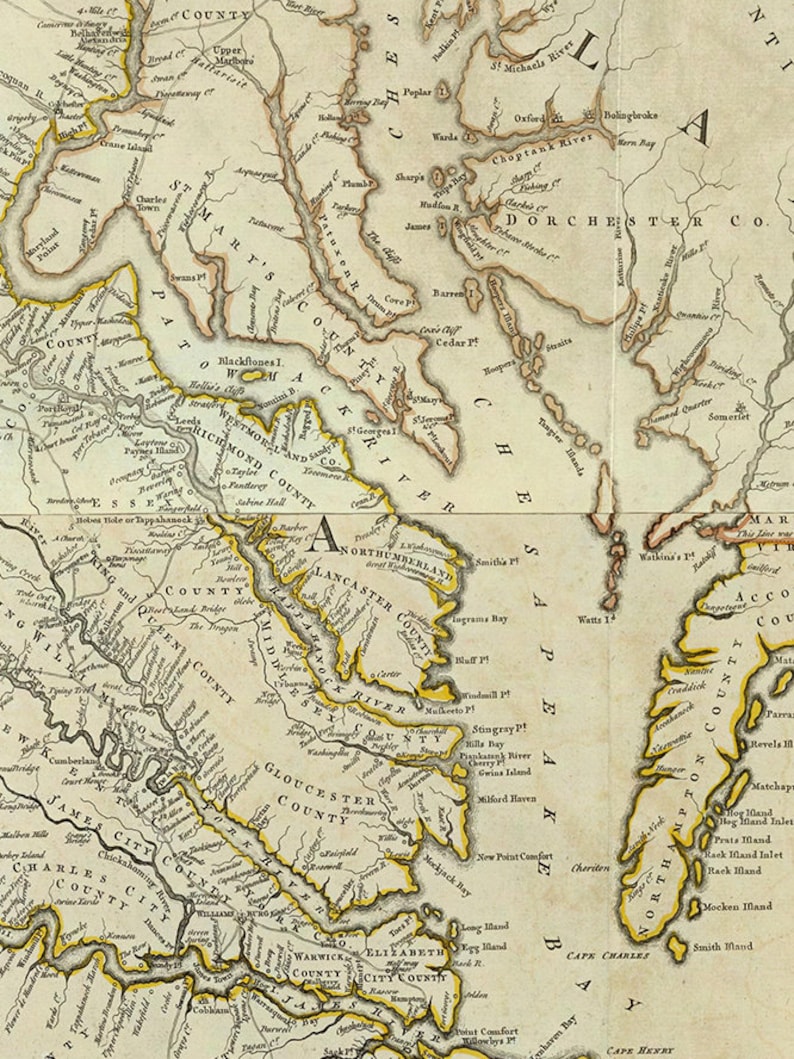 1776 Vintage Map of Virginia - Maryland Early Colonial Map of Virginia ...