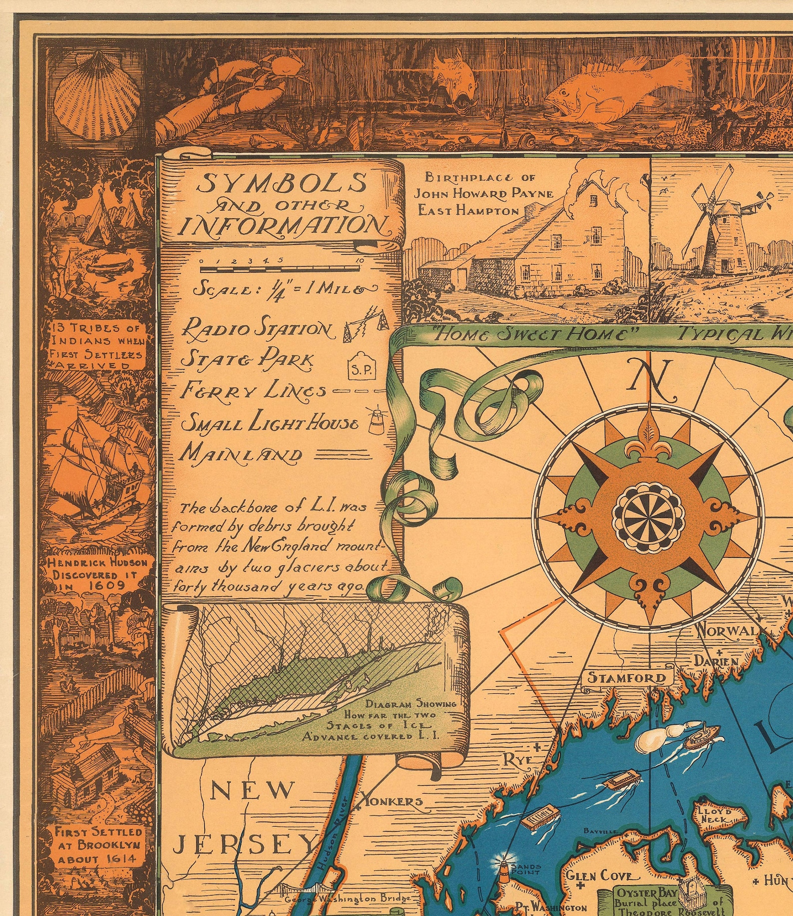 Vintage Map of Long Island Classic Pictorial Historic Map 1933 Rustic ...