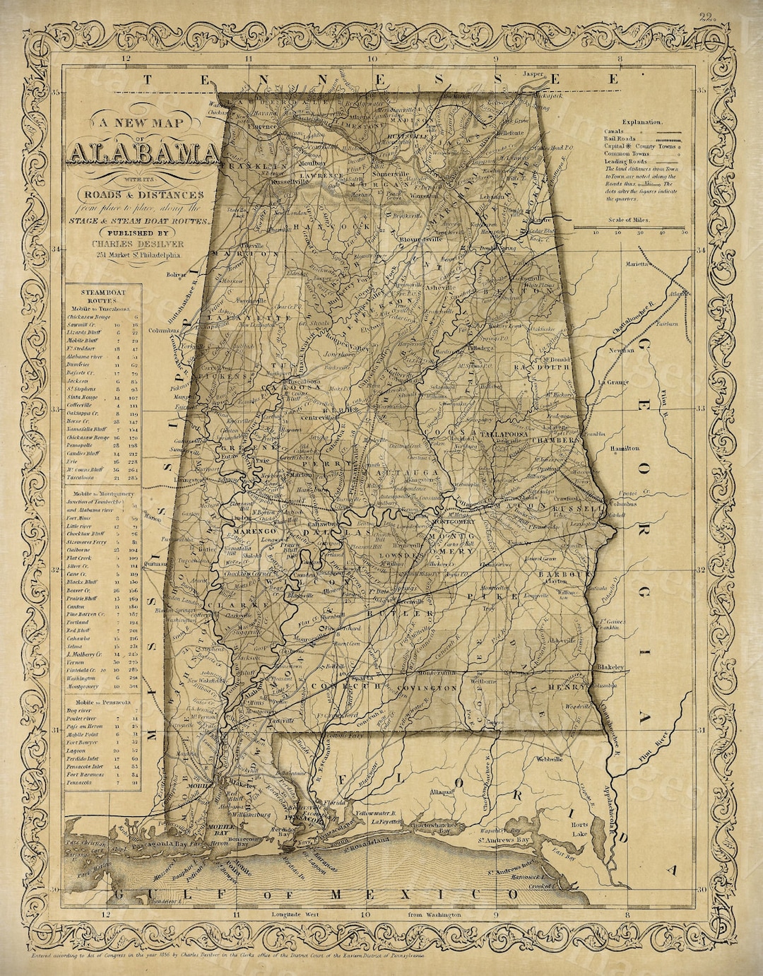 Alabama Map Antique Map of Alabama Antique Restoration Decorator Style ...