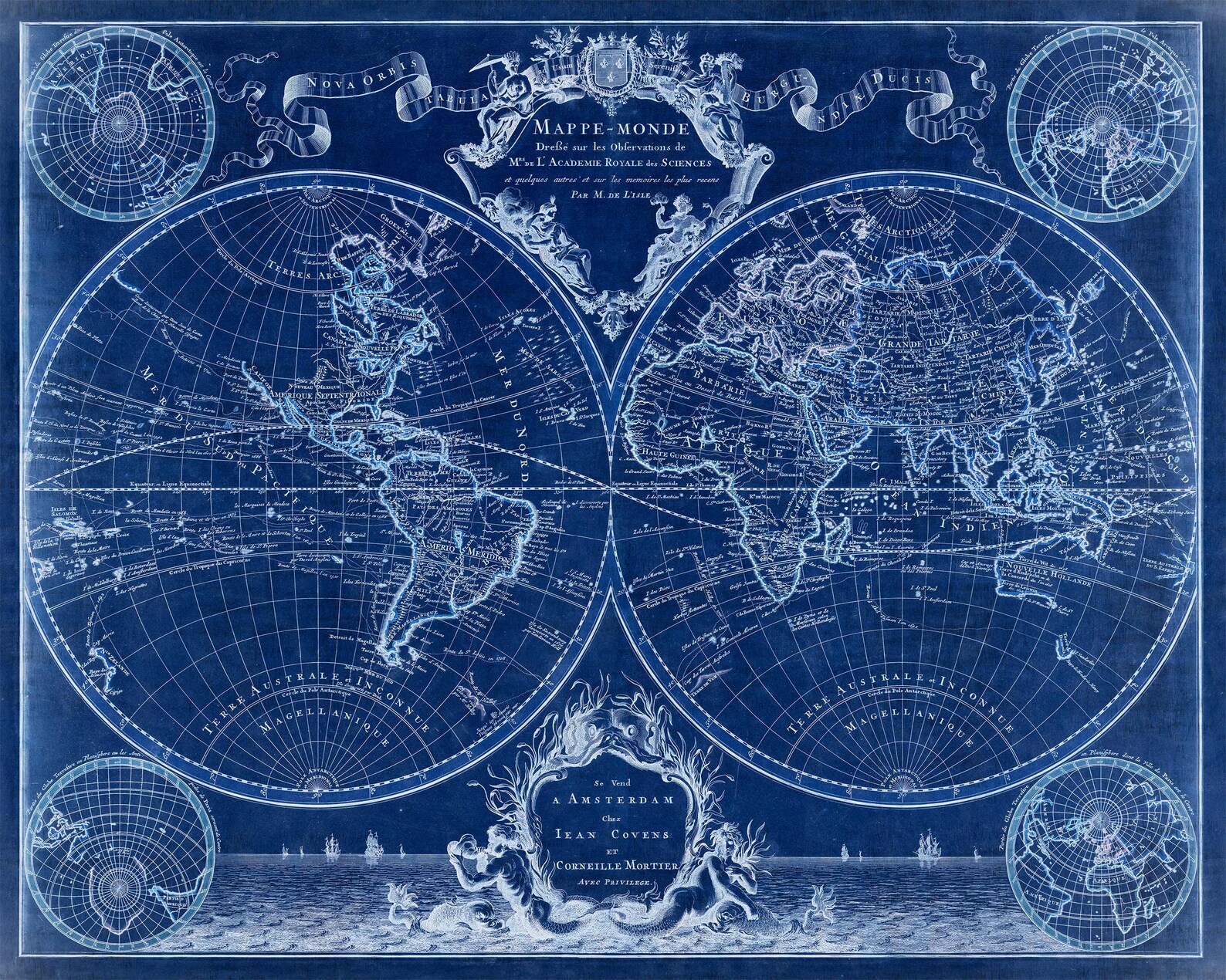 Blue World Map 1720 Old World Map, Wall Art, Historic Map Antique Style ...