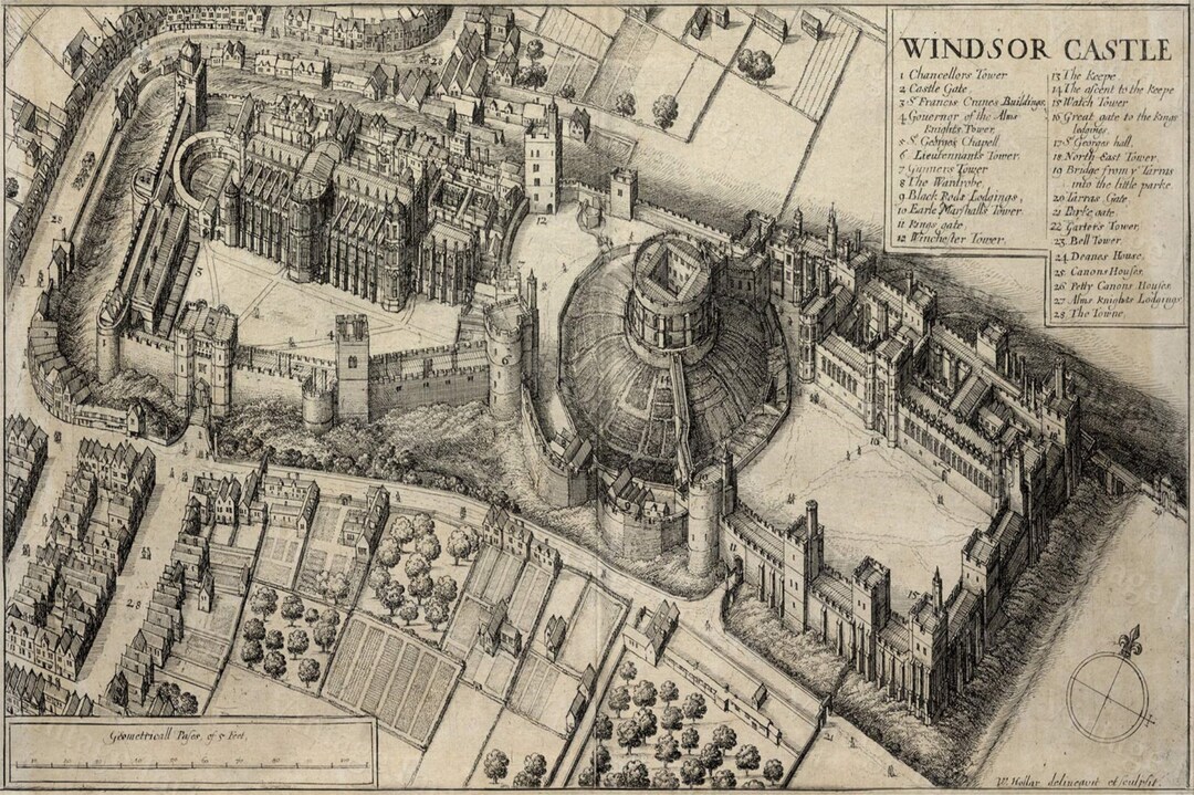 Windsor Castle Map 1658 Historic Bird's-eye of Windsor Castle Antique ...