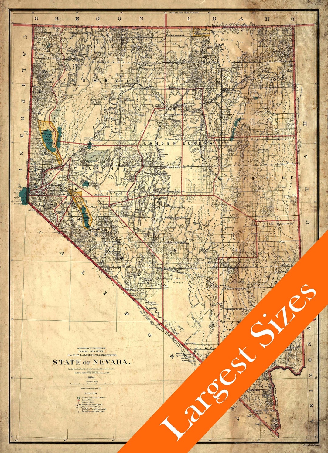 Giant Vintage Map of Nevada Aged Style 1894 Old Nevada Home Decor Wall ...