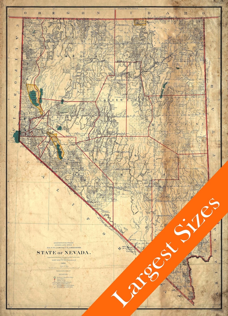 Giant Vintage Map of Nevada Aged Style 1894 Old Nevada Home Decor Wall ...