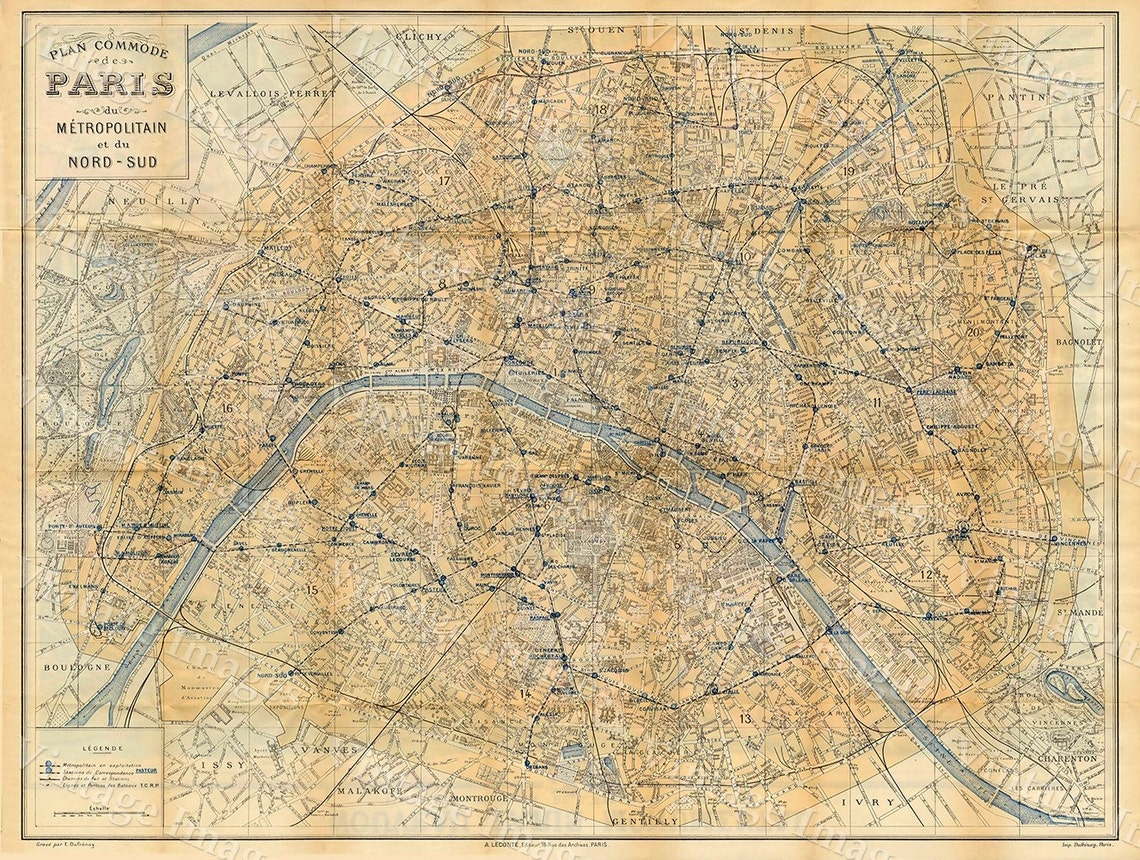 Old Paris Map Vintage Map of Paris City 1928 Paris France Restoration ...