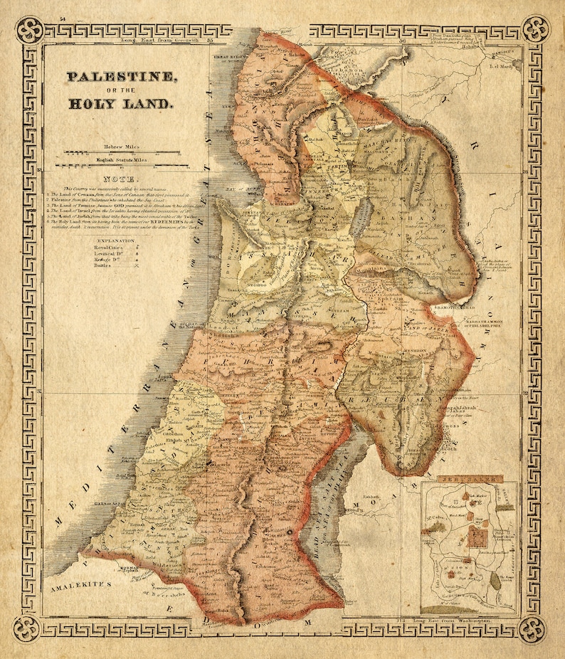 Holy Land map 1865 Map of Palestine Biblical Regions Antique | Etsy