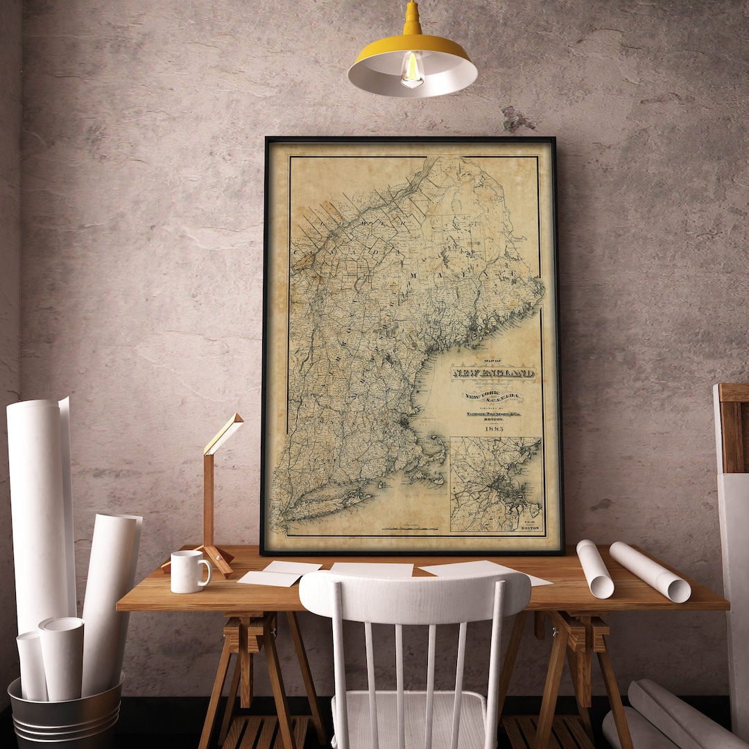 1885 Vintage New England Map Antique Wall Decor Old Map of New England ...